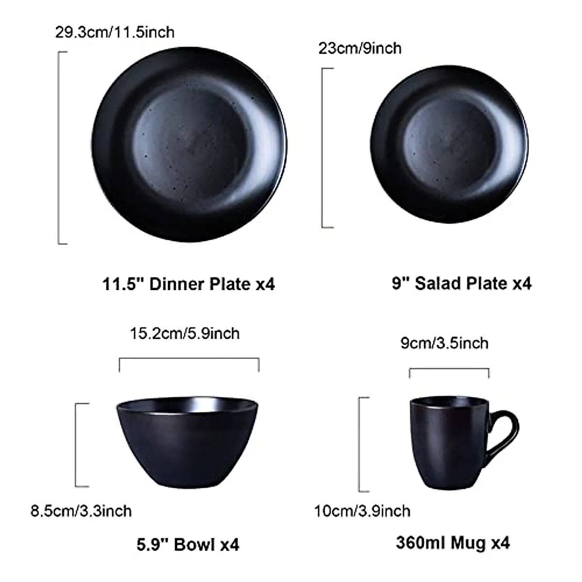 16 Piece Dinnerware Set Service for 4, Round Black Matte Dishes Sets, Includes 4 Dinner Plates 4 Salad Plates, 4 Bowls and 4 Mugs