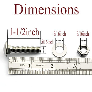 RuiLing 10 Set Carriage Bolt Sets 304 Stainless Steel Carriage Screw Hex Nut and Flat Washer Kits 5/16-18 Inches