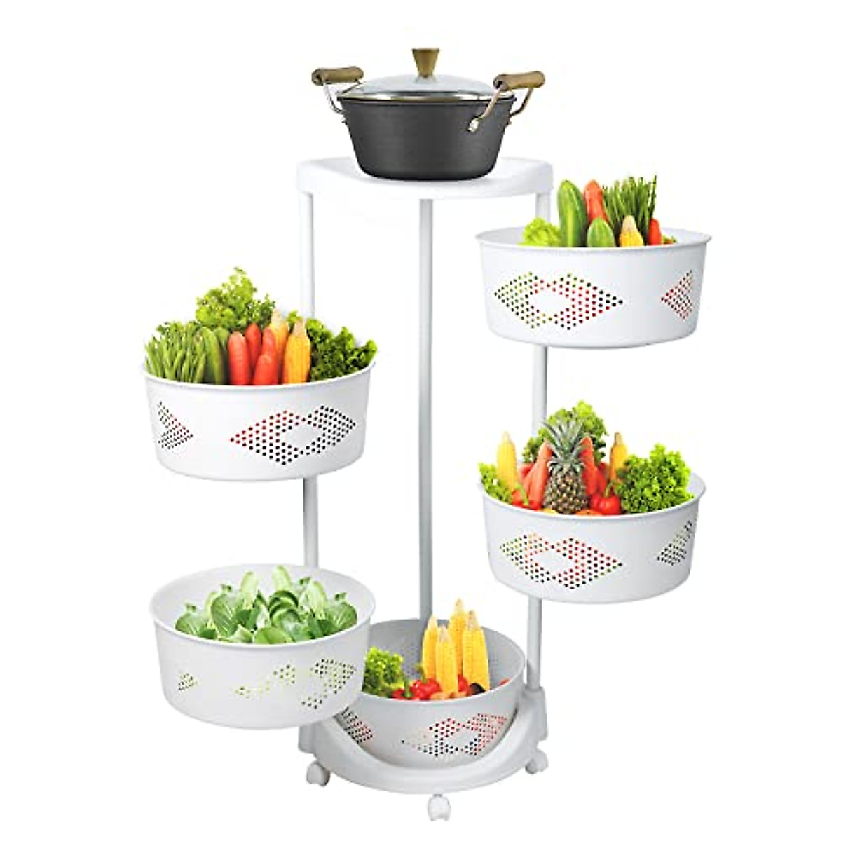 JELLYRATTBIT 5 Tier Fruit Vegetable Storage Basket, Multi-Layer Rotating Storage Shelf with Wheels, Floor-Standing Storage Rack for Kitchen Living Room Bedroom Bathroom, White