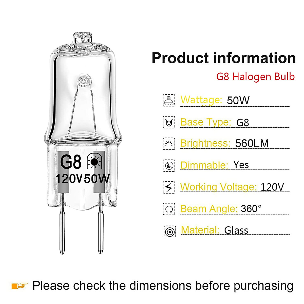 G8 Halogen Light Bulb 50W 120V T4 JCD Type G8 Bi-Pin Base Dimmable G8 Small Light Bulbs for Kitchen Hood, Landscape Lights, Desk and Floor Lamps, Wall Sconces, Warm White 2700K (12 Pack)
