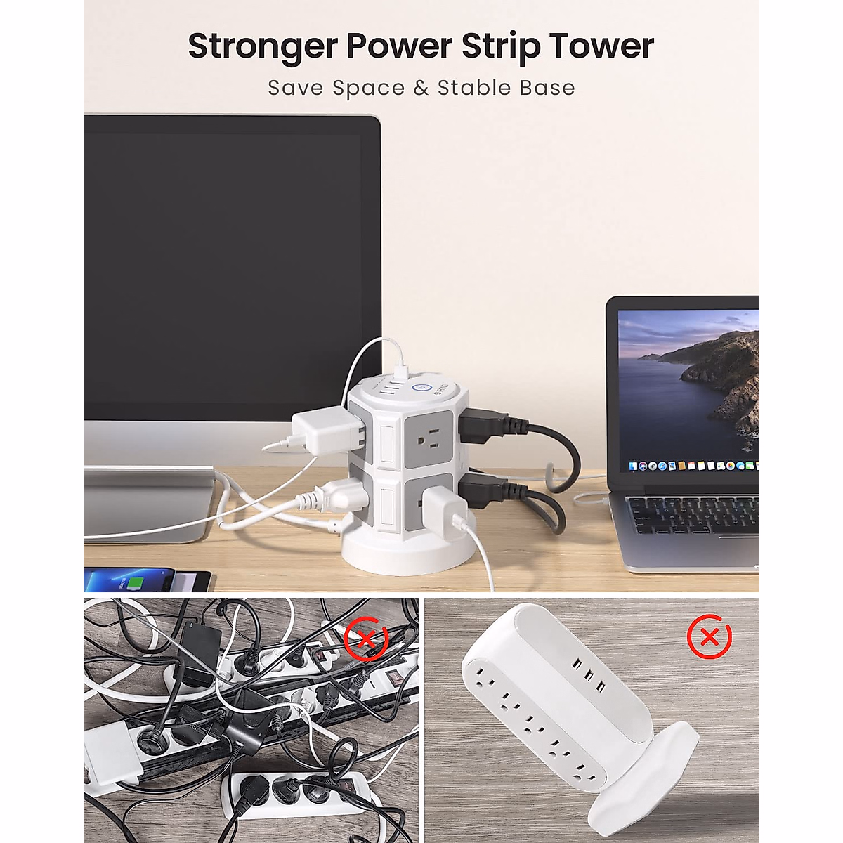 TROND Surge Protector Power Strip Tower, 14 Widely Spaced Outlets 4 USB Chargers, 6ft Extension Cord with Multiple Outlets, Flat Plug, 2100J, Overload Protection for Home Office Desk, Dorm Essentials