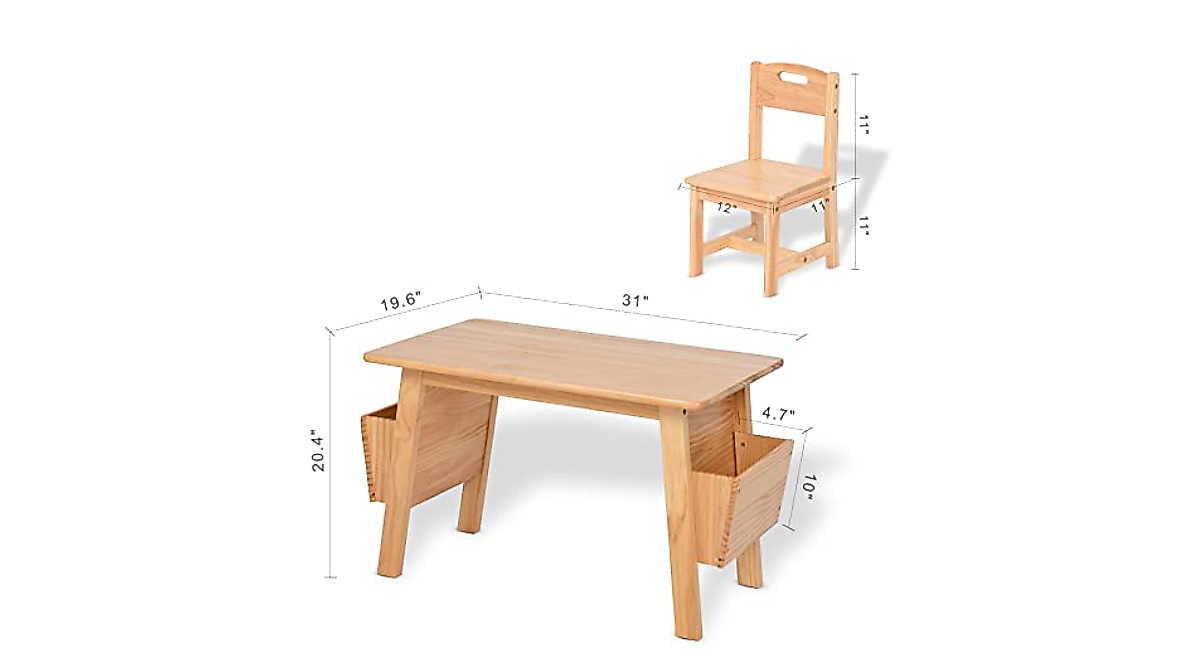 KRAND Kids Solid Wood Table & 2 Chair Set with Storage - Durable & Easy ...