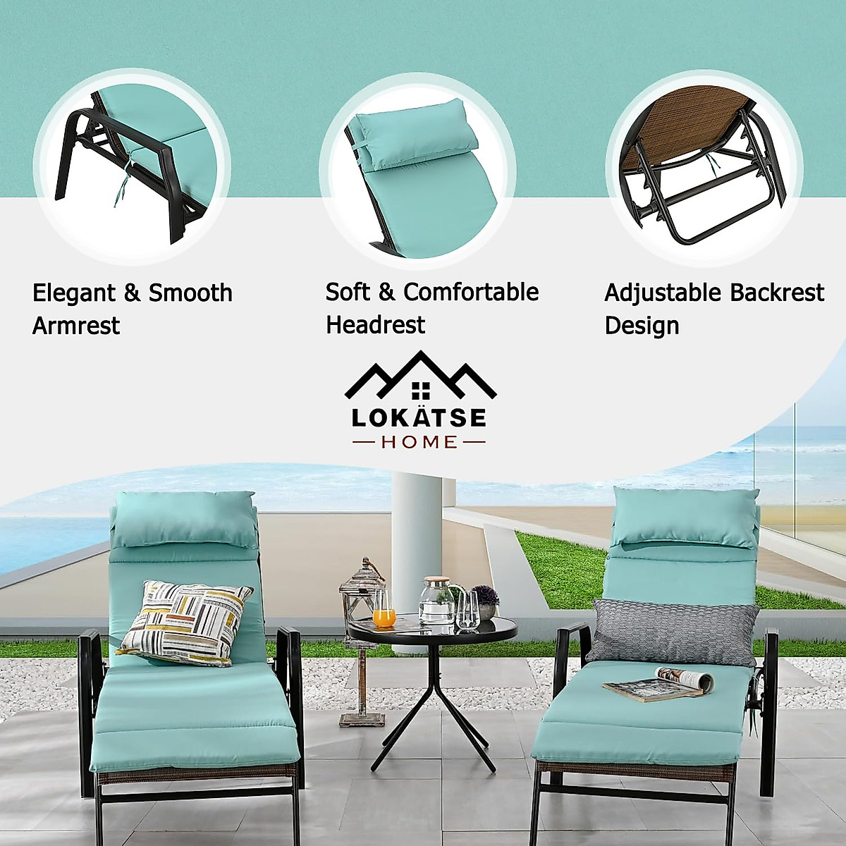 LOKATSE HOME 3 Pieces Outdoor Patio Chaise Lounge Chair Lounger Seating Furniture Set with Cushions and Table, Light Blue