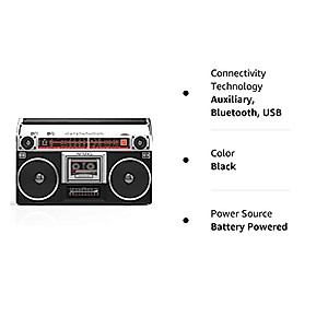 Riptunes Boombox Radio Cassette Player Recorder, AM/FM -SW1/SW2 Radio, Wireless Streaming, USB/Micro SD Slots, Aux in, Headphone Jack, Convert Cassettes to USB/SD, Classic 80s Style Retro, Black