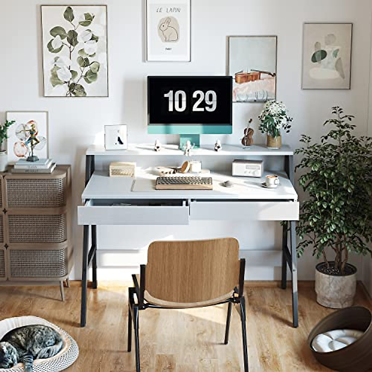 CubiCubi Computer Desk with 2 Storage Drawers, Home Office Writing Desk, Study Table for Small Space, (White, Monitor Stand)