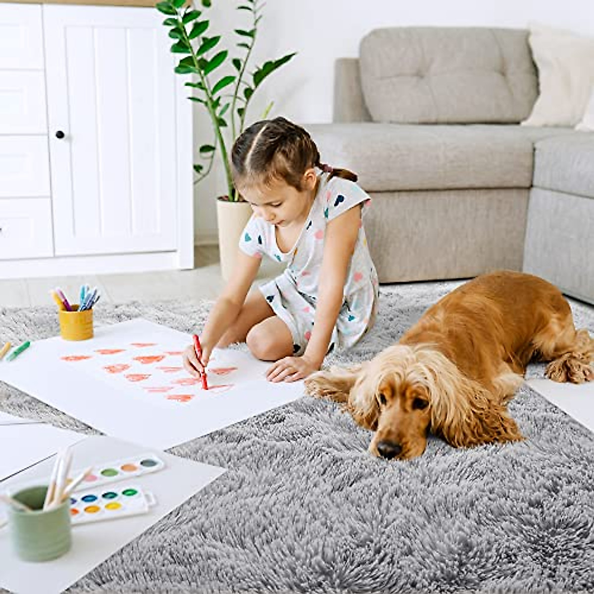 HQAYW Modern Fluffy Area Rug, Shaggy Rugs for Bedroom Living Room Ultra Soft Shag Fur Carpets for Kids Girls Nursery Plush Fuzzy Rug Cute Home Decor Rug, 4' x 6', Grey