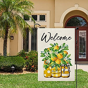 CMEGKE Summer Garden Flag Welcome Lemons Floral Summer Garden Flag Yellow Mason Jar Vertical Double Sided Burlap Party Holiday Yard Home Farmhouse Outside Decor 12.5 x 18 In