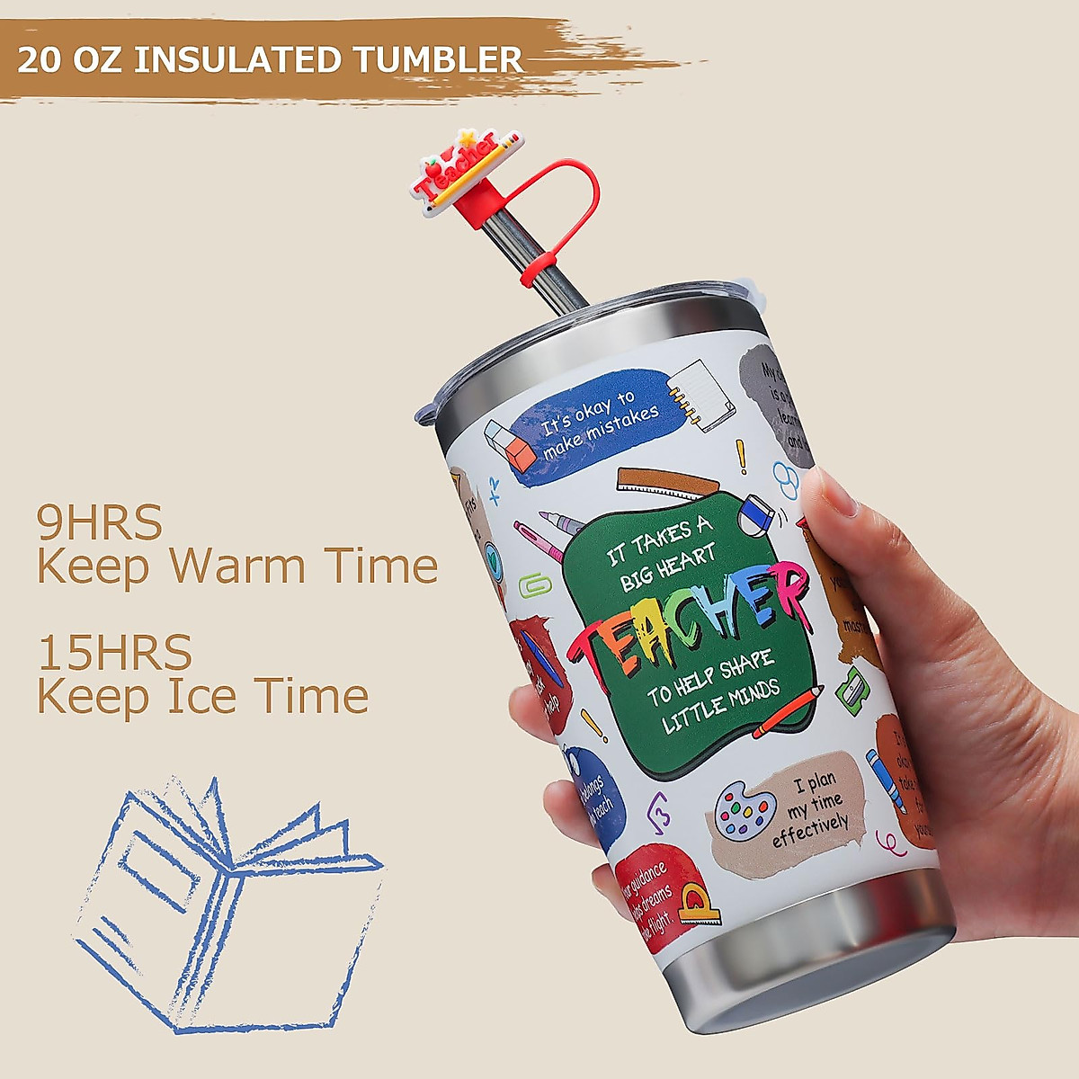 Decostatue 20oz Insulated Stainless Steel Tumbler Gifts for Teachers - Teacher Appreciation, Graduation, Birthday & Retirement Gifts, Set of 7 with Straw, Brush, Cover, Bookmark, Card & Box