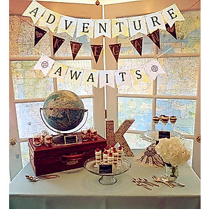 JeVenis Adventure Awaits Banner Bon Voyage Banner Travel Theme Banner World Map Travel Themed Baby Shower Banner Vintage Atlas Map Banner for Bridal Shower Graduation Party Moving Party