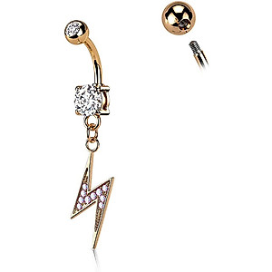 Lightning Bolt Paved with AB CZ Dangle 316L Surgical Steel Jeweled Belly Button Ring (Rose Gold)