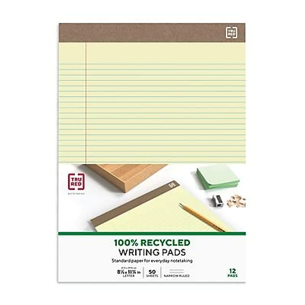 Staples 100% Recycled 8-1/2" x 11 3/4", Canary, Perforated Notepads, Narrow Ruled, 12/Pack