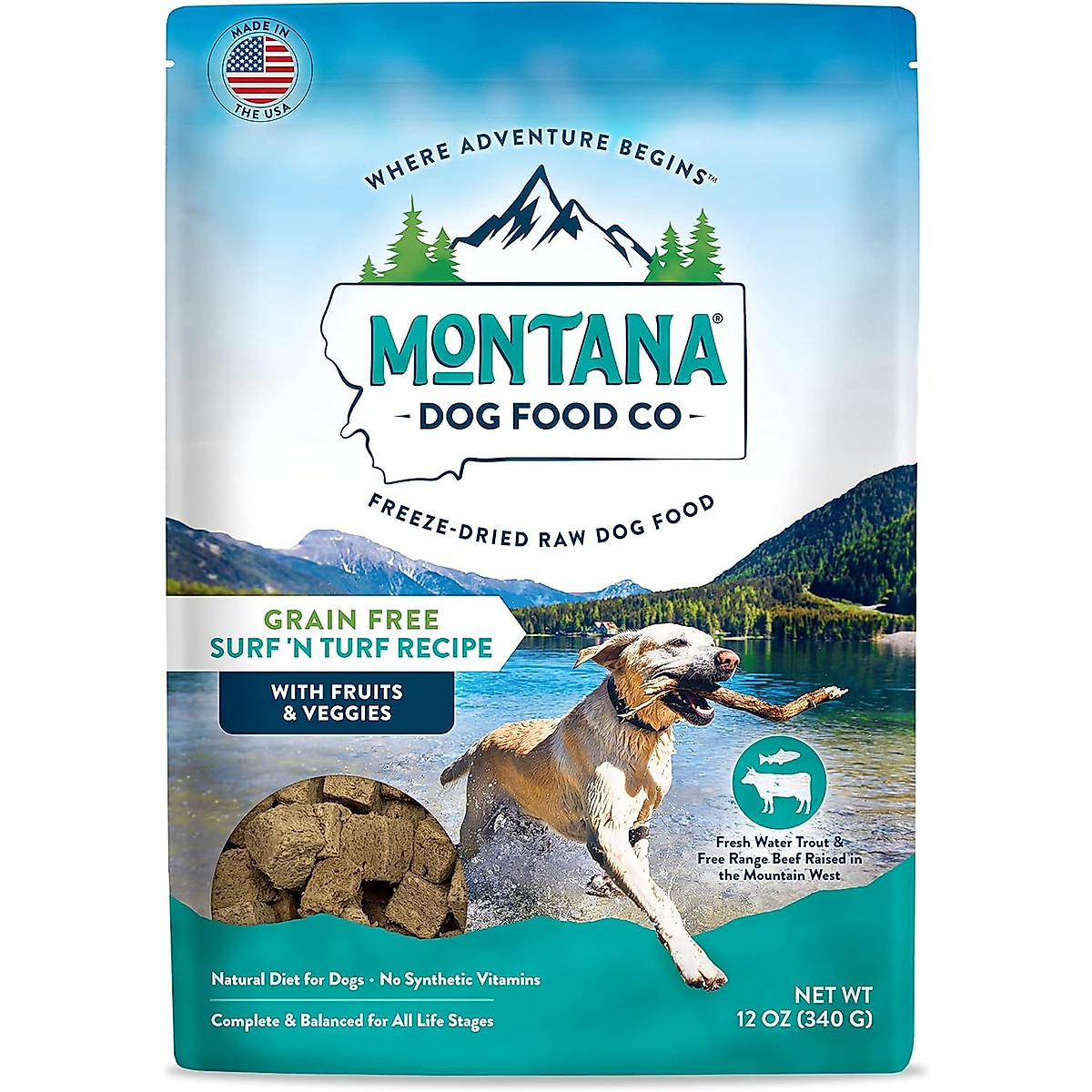 MONTANA DOG FOOD CO. Surf 'n Turf Freeze-Dried Raw Dog Food Topper – Grain-Free, High Protein Meal Enhancer with 100% All-Natural Wild-Caught Fish & Grass-Fed Beef – Premium USA-Made, 12 oz