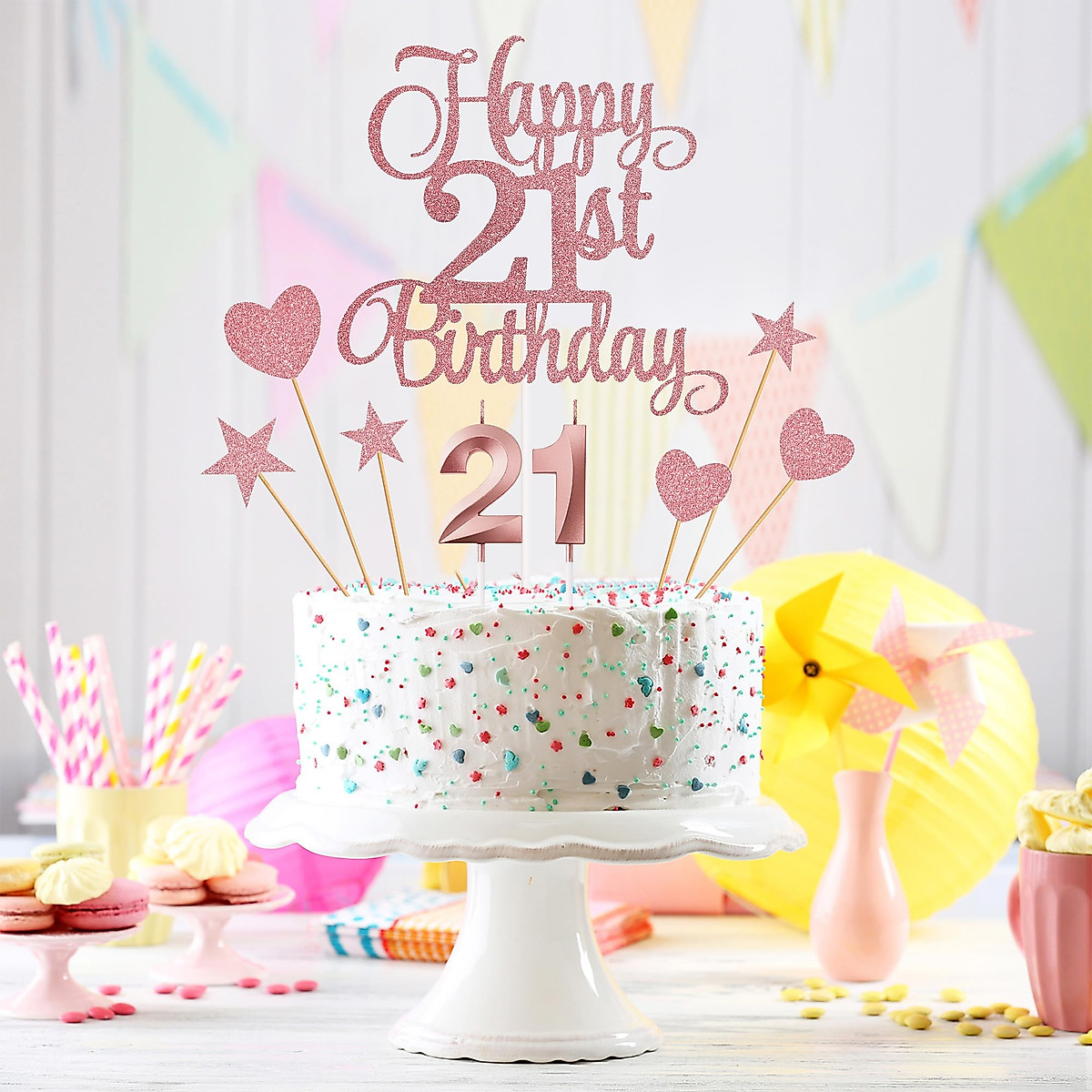 Lecferrarc 21st Birthday Cake Decorations, 21st Birthday Candles Cake Numeral Candles and Glitter Happy 21st Birthday Cake Toppers Set for Birthday Party Supplies (Rose Gold)