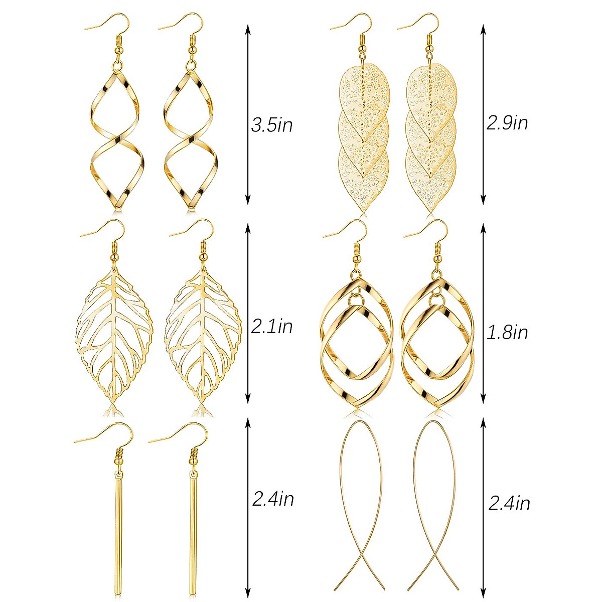 FUNEIA 6 Pairs Drop Dangle Earrings for Women Long Bar Double Twist Wave Curved Threader Cut Out Leaf Lightweight Earrings Set