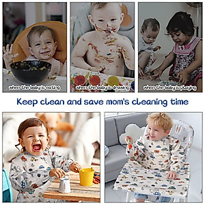 Vicloon Coverall Baby Feeding Bib, 2 In 1Weaning Bibs Attaches to Highchair and TableWeaning, Long Sleeve Bib with Waterproof, Baby Bibs for Feeding, Adjustable,Machine Washable(Car Pattern)