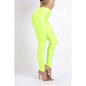 OFENTI Shiny Leggings High Waist Neon Leggings Elastic Stretch Skinny Comfy Lightweight Pants Tights Disco Party Rave Neon Yellow Medium