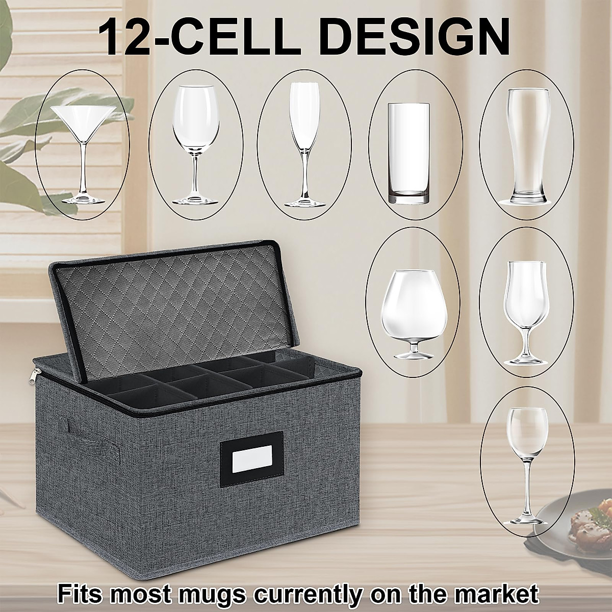 Wine glass Storage Box with Divider - China Storage Containers Hard Shell Stemware Storage Bins with Lids Holds 12 Wine Glass or Crystal Glassware Case, Stackable with Label Window (Dark Grey)