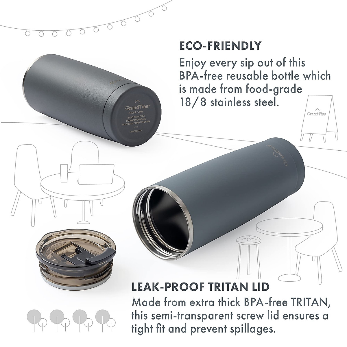 GRANDTIES Insulated Coffee Tumbler Cup w/Tritan Lid | Leak Proof, Reusable, Double Walled Vacuum Stainless Steel Water Bottle Travel Mug | Thermal Cups for Hot and Cold Drinks | 20oz | Stone Gray