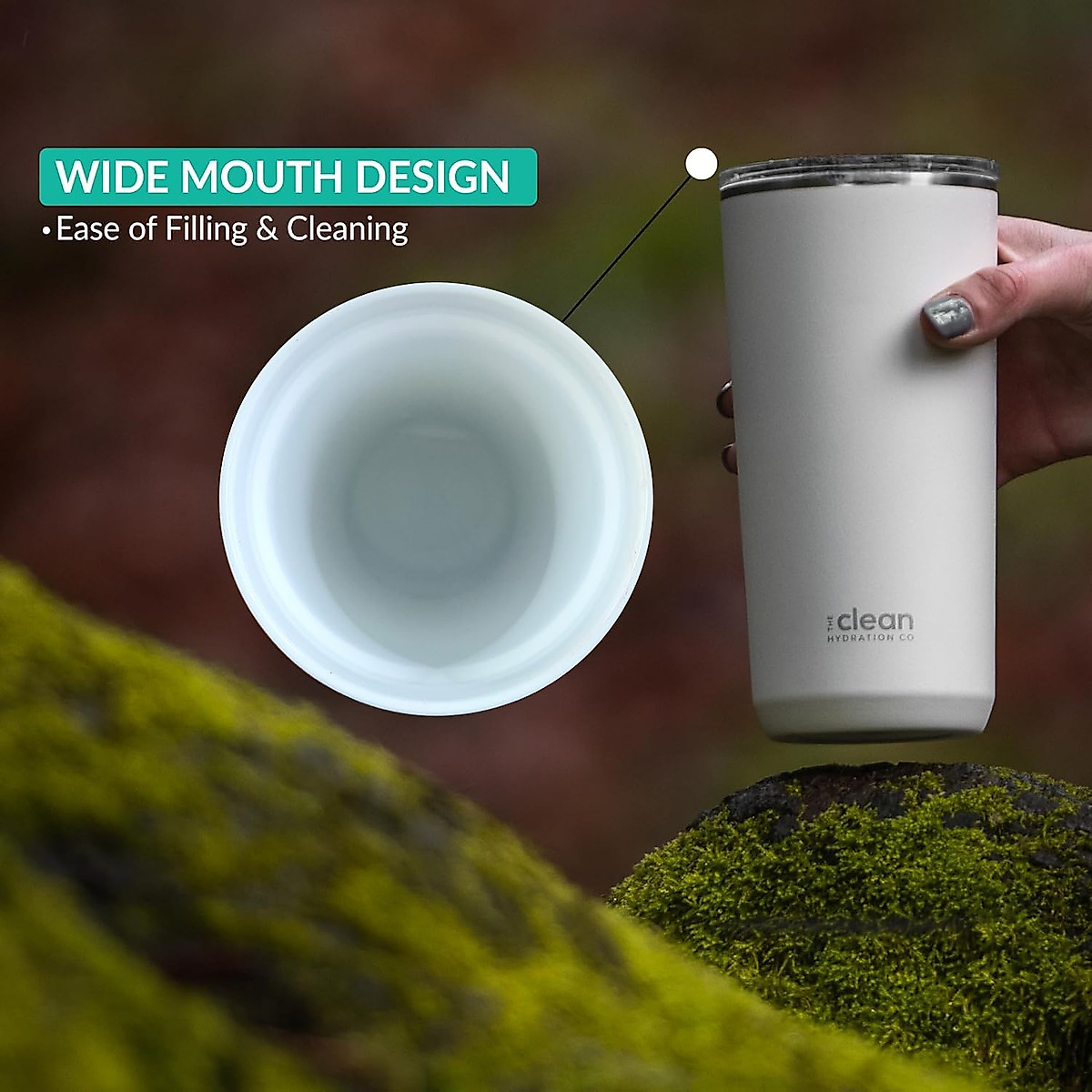 The Clean Hydration Company Tumbler Insulated with Lid, Double-Wall Vacuum, 20 Oz Travel, Office Tumbler, Hot & Cold Drinks, Ceramic Interior, Spill-Proof, BPA-Free, No Metal Taste