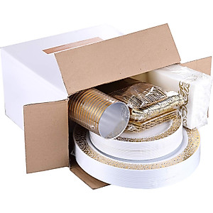 FOCUSLINE 175 Gold Dinnerware Set for 25 Guests, White Plastic Plates with Gold Lace Rim Design, Including 25 Disposable Dinner and Dessert Plates, 25 Silverware Set, 25 Cups, 25 Napkins
