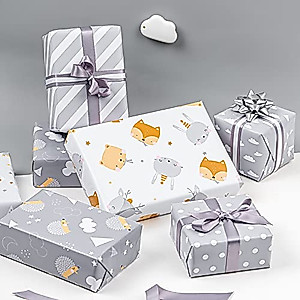 WRAPAHOLIC Reversible Baby Shower Wrapping Paper Roll - Mini Roll - 3 Rolls - 17 Inch X 120 Inch Per Roll - Cute Hedgehog, Animals & Baby Lettering