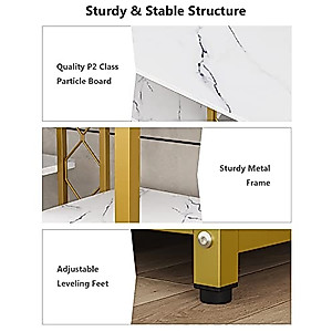 Teraves Modern Wine Rack Table, 47 Inch Wine Baker's Rack with Storage Shelves, 4 Tier Freestanding Wine Rack for Bar, Buffet, Home Kitchen Dining Room Living Room (White Marbling+ Gold Frame)