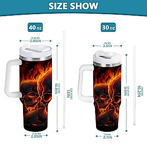 FLildon 40oz Tumbler with Handle and Straw Lid, Fire Skulls Insulated Coffee Mug Stainless Steel Water Bottle Leakproof Vacuum Travel Coffee Cup