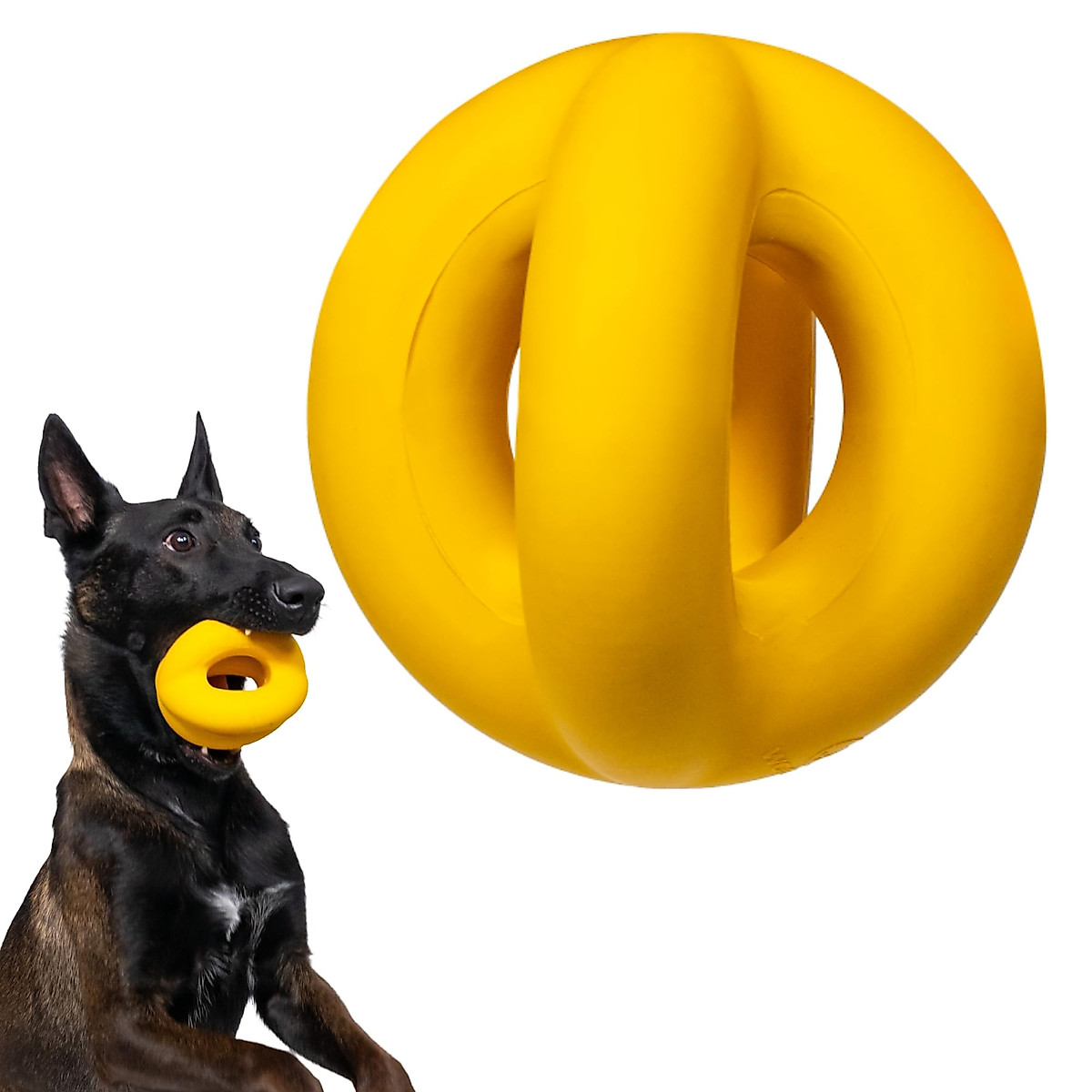 WoofBite Indestructible Ring Ball - Lifetime Replacement - for Aggressive Chewers, Medium Large Breed - Non-Toxic Natural Rubber Dog Toys - Butter Scent, Yellow (Highly Visible Color for Dogs) - 4.5”