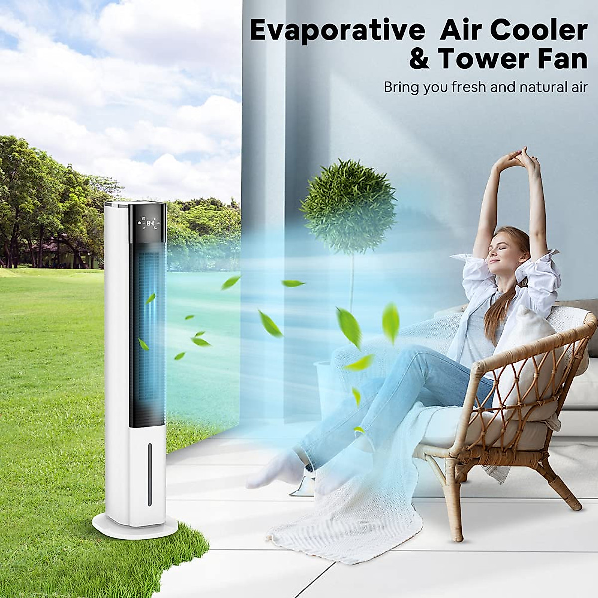 Evaporative Air Cooler, 70° Oscillating Cooling Fan for Room, LifePlus 42-Inch Bladeless Air Cooler with 1.32 Gal Water Tank, 4 Ice Packs, 12H Timer