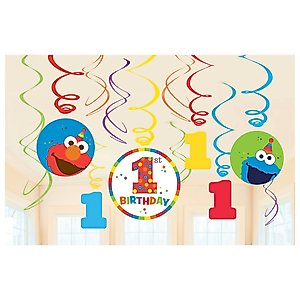 Amscan Sesame Street Elmo Turns One Plastic Swirl Decorations - Multicolor, 12 Pcs