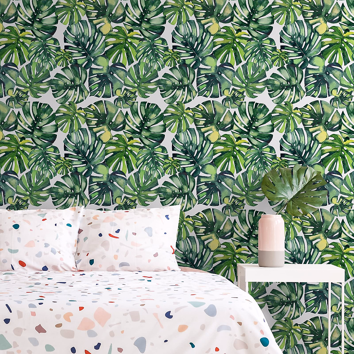 CHIHUT Green Leaf Peel and Stick Wallpaper 17.7''x236'' Green Tropical Botanical Palm Leaf Wallpaper Mural Self Adhesive Removable Wall Paper Vinyl Leaves Contact Paper for Wall Cabinets Nursery Decor
