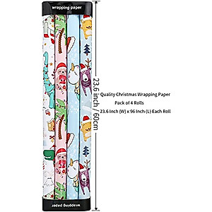 AUCLAY Christmas Wrapping Paper Rolls for Kids Holiday Gift Wrap - Cute Styles Included Dinosaur, Snowman, Santa Animals, Alpaca and Sloth - Pack of 4, 23.6 Inch X 8 Feet per Roll