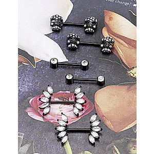 Vsnnsns 14G Nipple Rings for Women Stainless Steel Skull Nipple Rings CZ Nipple Piercing Jewelry Nipple Rings Surgical Steel Nipple Jewelry Barbell Body Piercing Jewelry Black