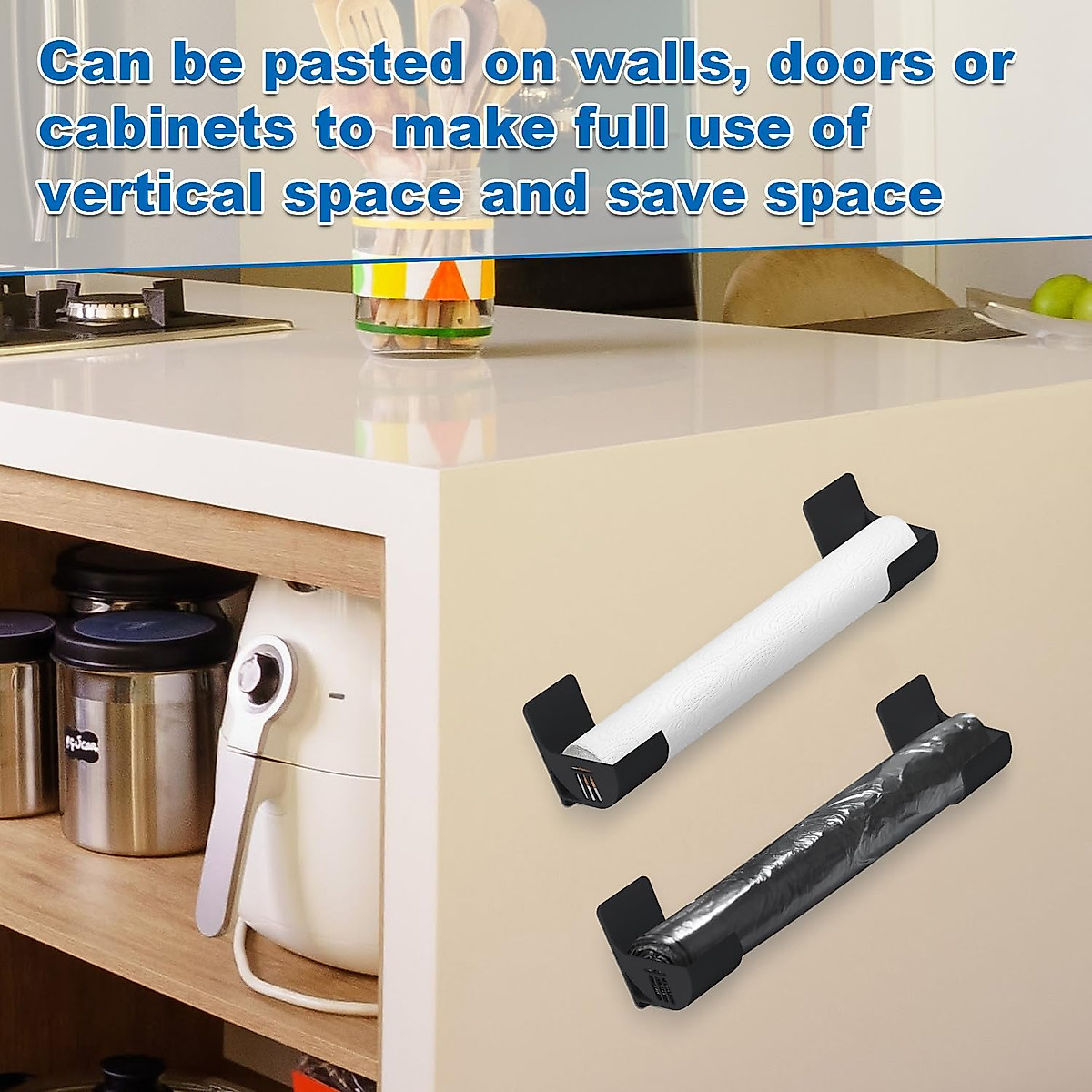 4pcs Trash Bag Holder, Trash Bag Dispenser Roll Holder Wall Mount Shopping Grocery Bag Roll Holder Plastic Trash Bag Organizer for Cabinet Kitchen Home Garbage Organization and Storage Rack (Black)