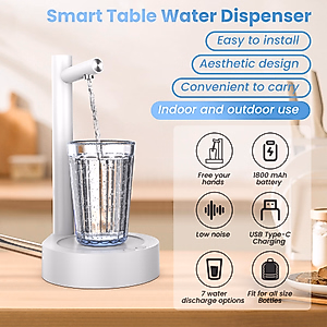 Water Dispenser for 5 Gallon Bottle - Desktop Water Dispenser Countertop, Universal 1~5 Gallon Bottle Pump, Type-C Charging for Home Office Camping Travel
