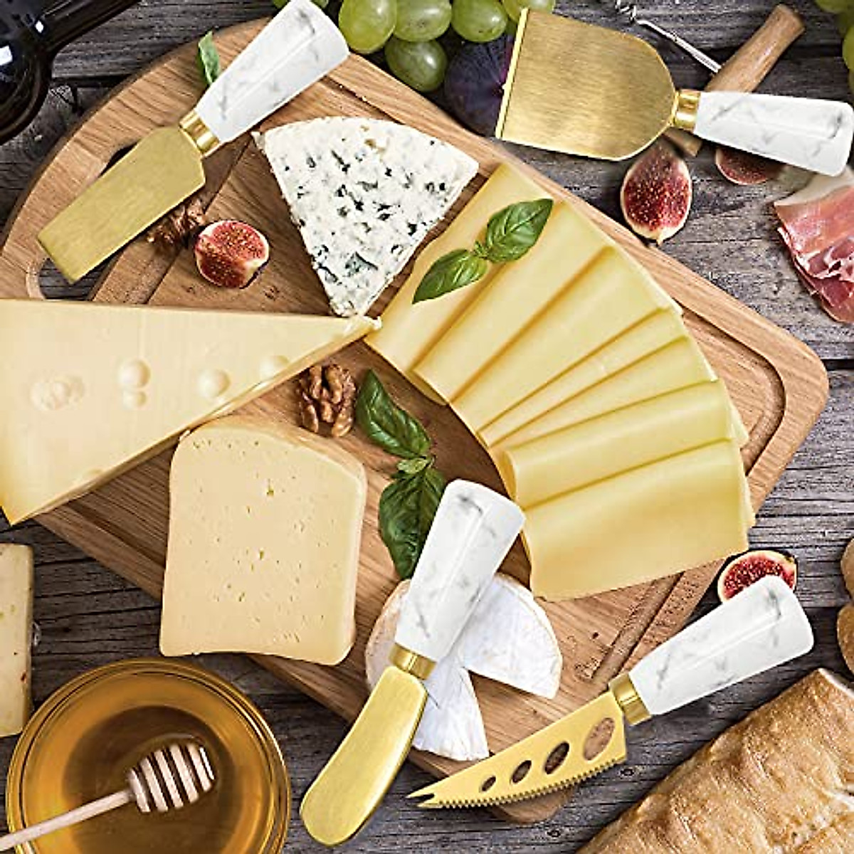 Golden Cheese Knife Set 6 Piece, Marble Handle Butter Spatula Knives, Cheese Spreader Cutter with Ergonomic Ceramic Handle, Cheese Shaver and Fork for Birthday, Wedding, Party (White)