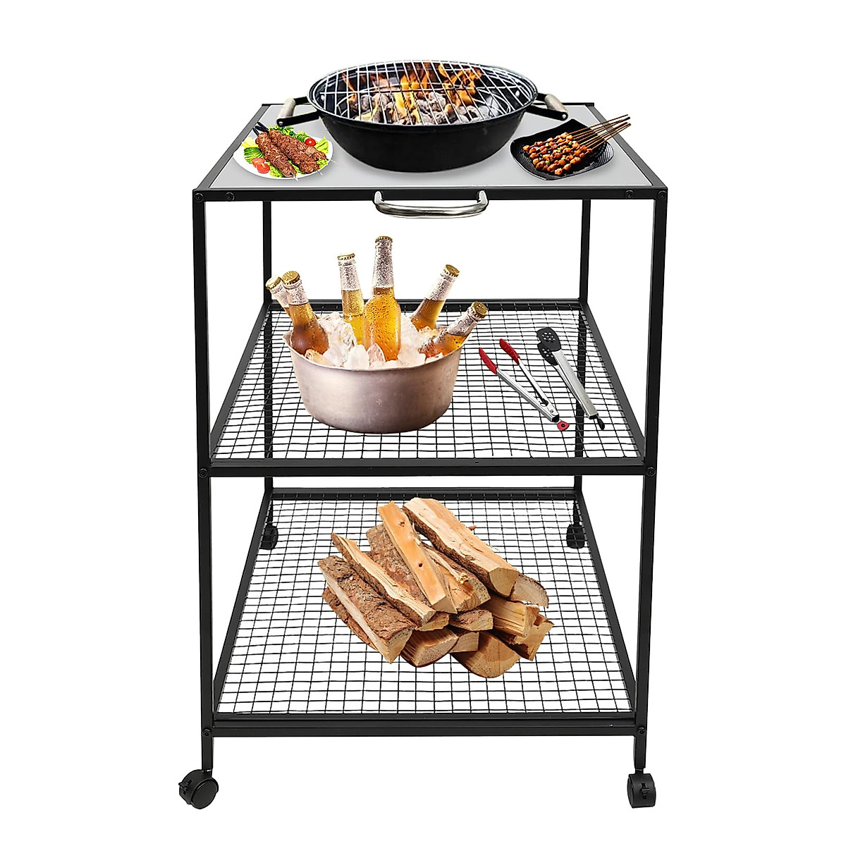 CheriMuMu Movable Food Prep and Work Cart Table, Three-Shelf Stainless Steel Grill Cart Modular Table Heavy Duty Grill Cart Outdoor Cart with Wheels for Commercial Kitchen Table