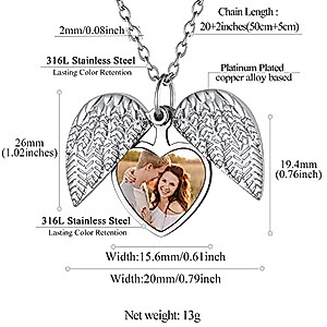 FindChic Personalized Heart Locket Necklace Angel Wings Pendant with Photo Printing Platinum Plated Dainty Custom Full Color Picture Memorial Jewelry for Women Mom Loss of Father Gift