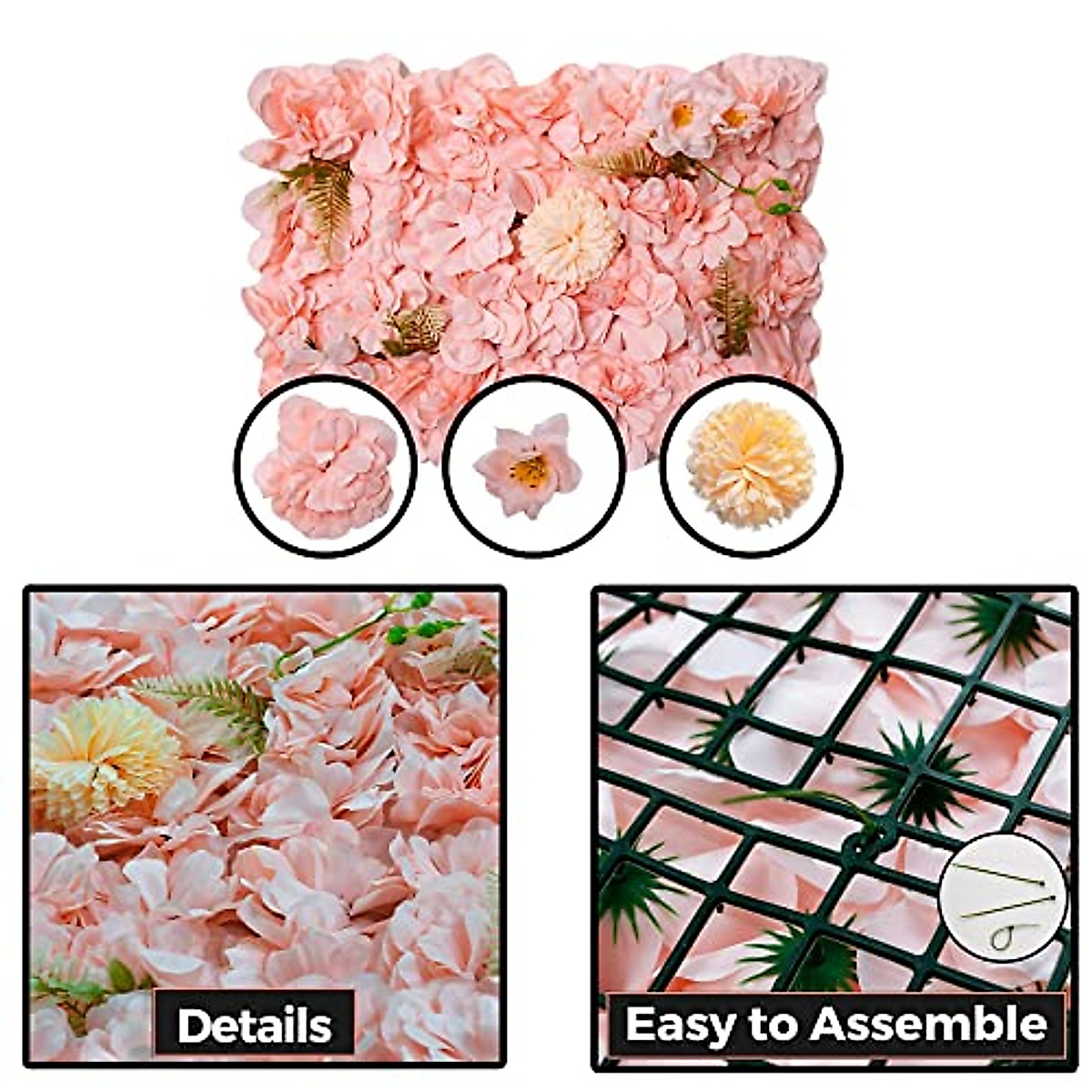 Imperial Pink Flower Wall Backdrop Panel - Pack of 6 - Artificial Flower Wall Decor, Pink Wall Decor, Wedding Party, Baby Shower Decorations | Handmade Floral Wall | Includes Zip Ties - 12x16