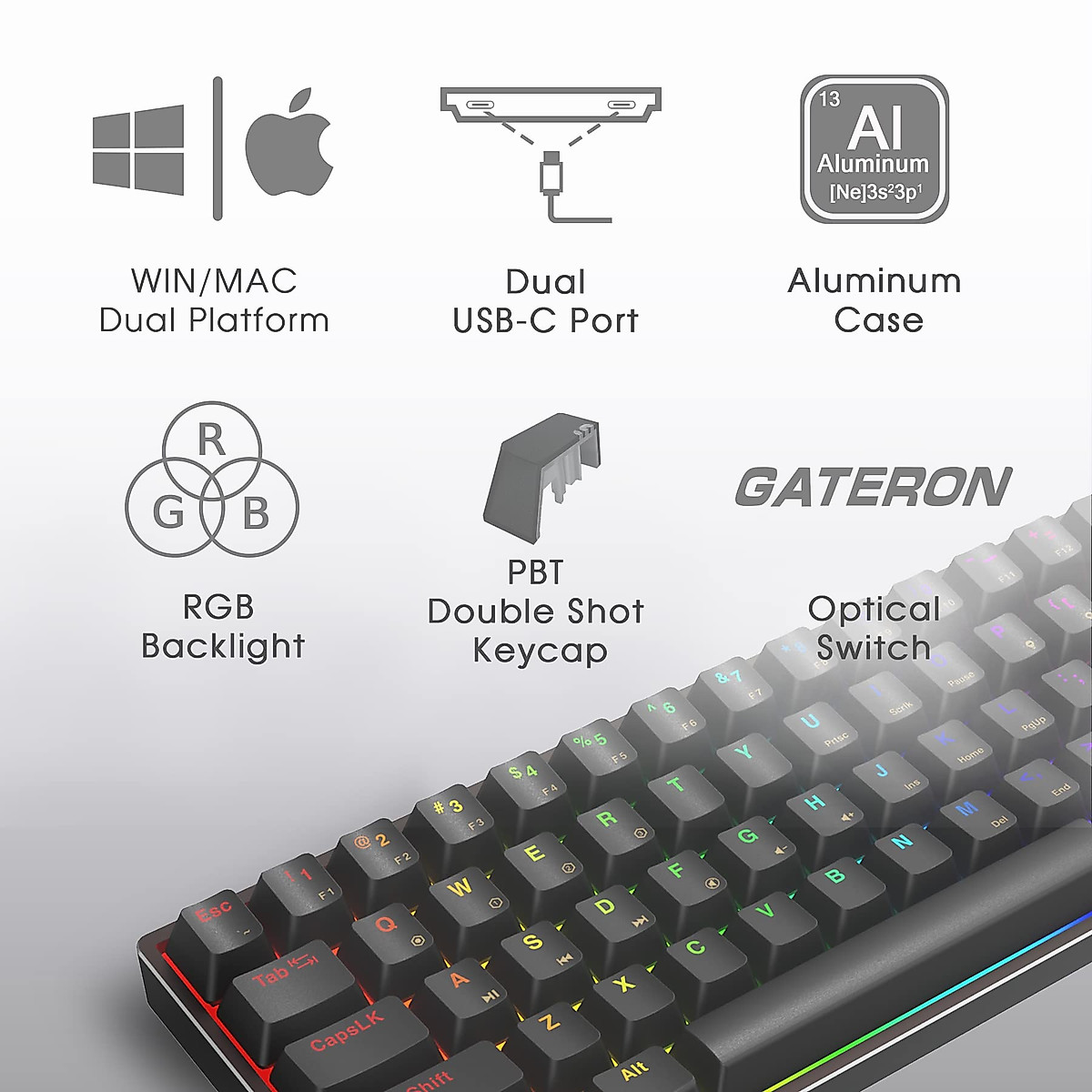 AG AC61M GK61 RGB Gaming Keyboard - 61 Keys Aluminum Case Two USB-C Ports PBT Keycap Hot Swappable Programmable for PC/Mac Gamer (Gateron Optical Blue, Black Color)