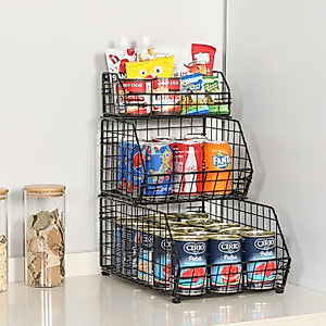 Yuzehuaza 3 Tier Fruit and Vegetable Basket Wall-Mounted & Countertop Organizer for Potato Onion Stackable Wire Baskets for Pantry Kitchen Cabinet for Produce Snack Canned Food Storage, Black