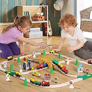 TOY Life Train Set 60pcs Wooden Train Set with Crane, Wooden Train Tracks Toy Train Set for Toddlers 2-4 3-5, Kids Toys for 3 Year Old Boys - Fits Thomas Brio Melisa Chugginton Train Track Set