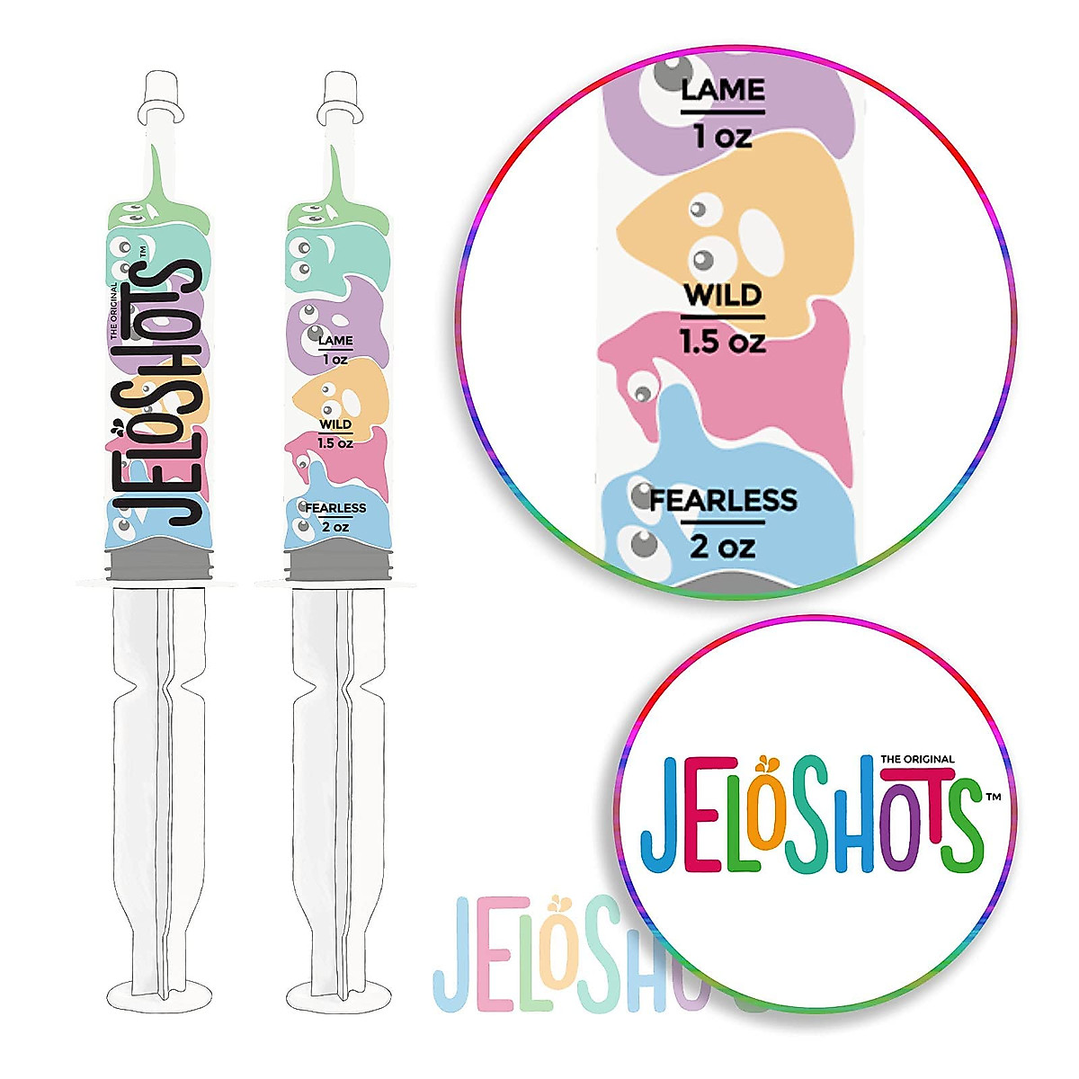 Jello Shot Syringes 64-Pack, Medium (up to 2oz), The Original JeloShots Jello Shot Inject Syringes with Easy-Grip Caps, in Resealable EZ Zip Bag Package