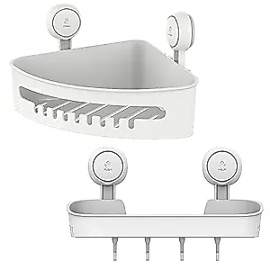 LEVERLOC Corner Shower Caddy Suction Cup & Shower Caddy with 4 Hooks NO-Drilling Removable Bathroom Shower Shelf Heavy Duty Caddy Organizer Waterproof & Oilproof for Bathroom & Kitchen