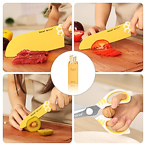 hecef Cute Kitchen Knife Set,5-piece Non-Stcik Knives Set with Detachable Block and Scissors,Sharp Kitchen Knives for Chopping, Slicing, Dicing and Cutting (Yellow)