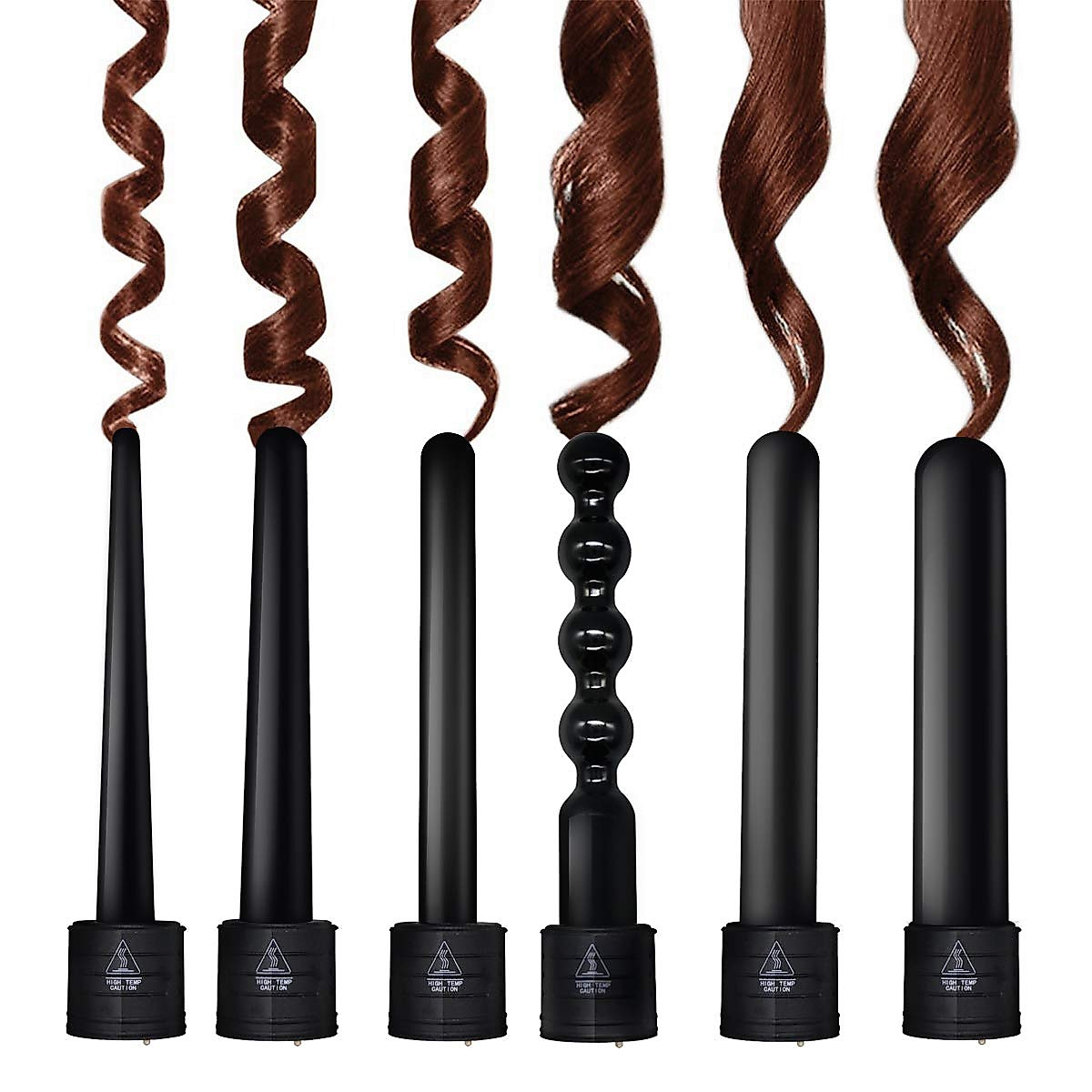 6 in 1 Curling Iron Wand Set with 6 Interchangeable Ceramic Barrels and Heat Protective Glove (Black-6in1) (Black-6)