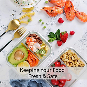 Bayco [24 Pieces] and [10 Packs] 2 Compartment Glass Food Storage Containers with Lids, Airtight Glass Lunch Bento Boxes, BPA-Free & Leak Proof