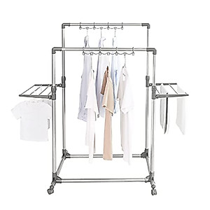 Hershii Rolling Garment Racks for Hanging Clothes Heavy Duty Clothing Drying Rack Double Rails Laundry Hanger Storage Organizer with Foldable Shelves & Windproof Hooks - Height Adjustable
