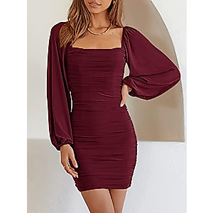 ANRABESS Women's Square Neck Mesh Long Sleeve Ruched Bodycon Mini Dress Party Club Cocktail Short Dresses s 642jiuhong-L Wine Red
