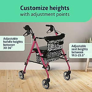 Medline Posh Premium Lightweight Aluminum Rollator Walker, Pink & Zebra Print, 250 lb. Weight Capacity, 6” Wheels, Water Resistant, Foldable, Rolling Walker for Seniors